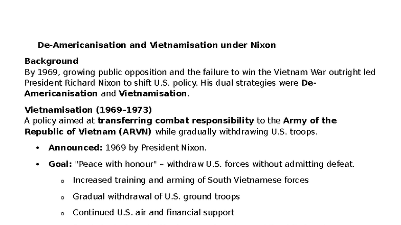Vietnamisation and U.S. Policy under Nixon: A 1969 Overview - Studocu