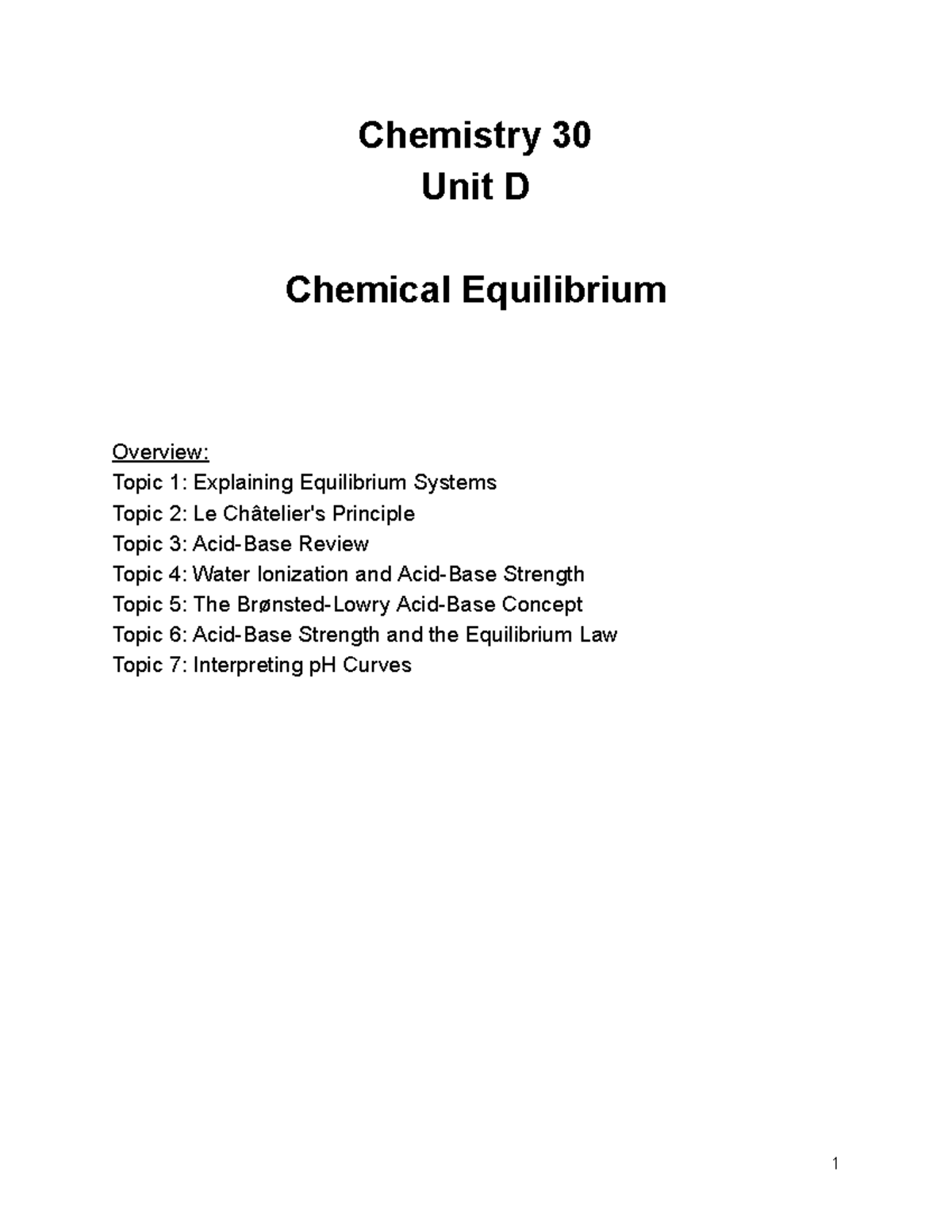 Chemical Equilibrium & Acid-Base Concepts - Chemistry 30 Notes - Studocu