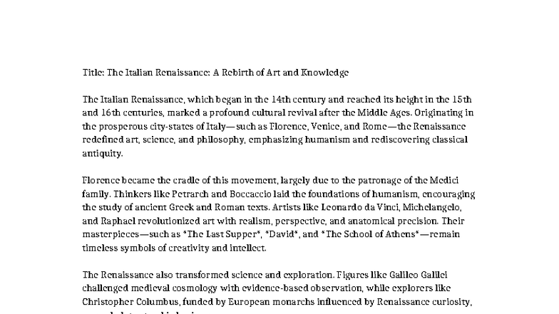 Italian Renaissance: A Cultural Rebirth (HIST 101) - Studocu