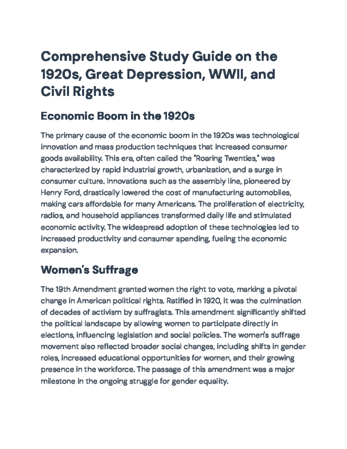 Comprehensive Study Guide: 1920s, Great Depression, WWII & Civil Rights ...