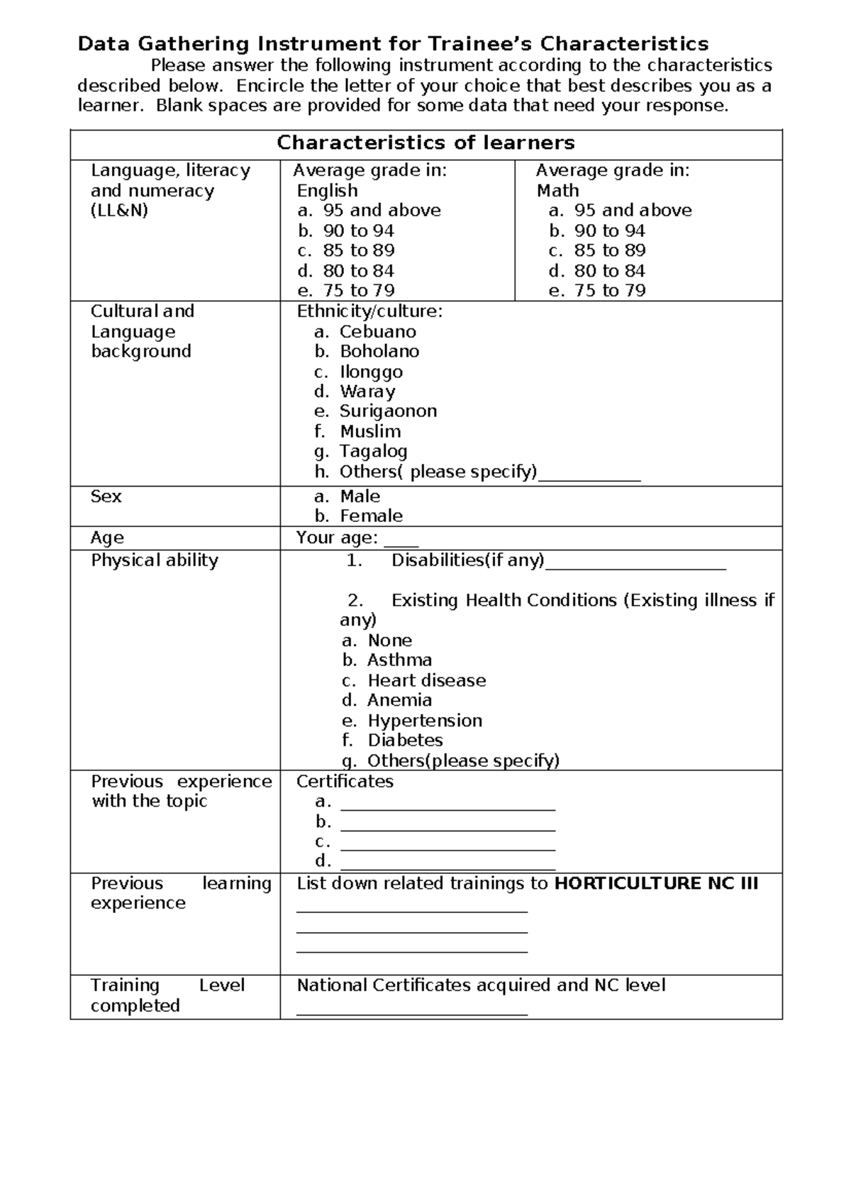 DATA Gathering Instrument for Horticulture NC III Characteristics - Studocu