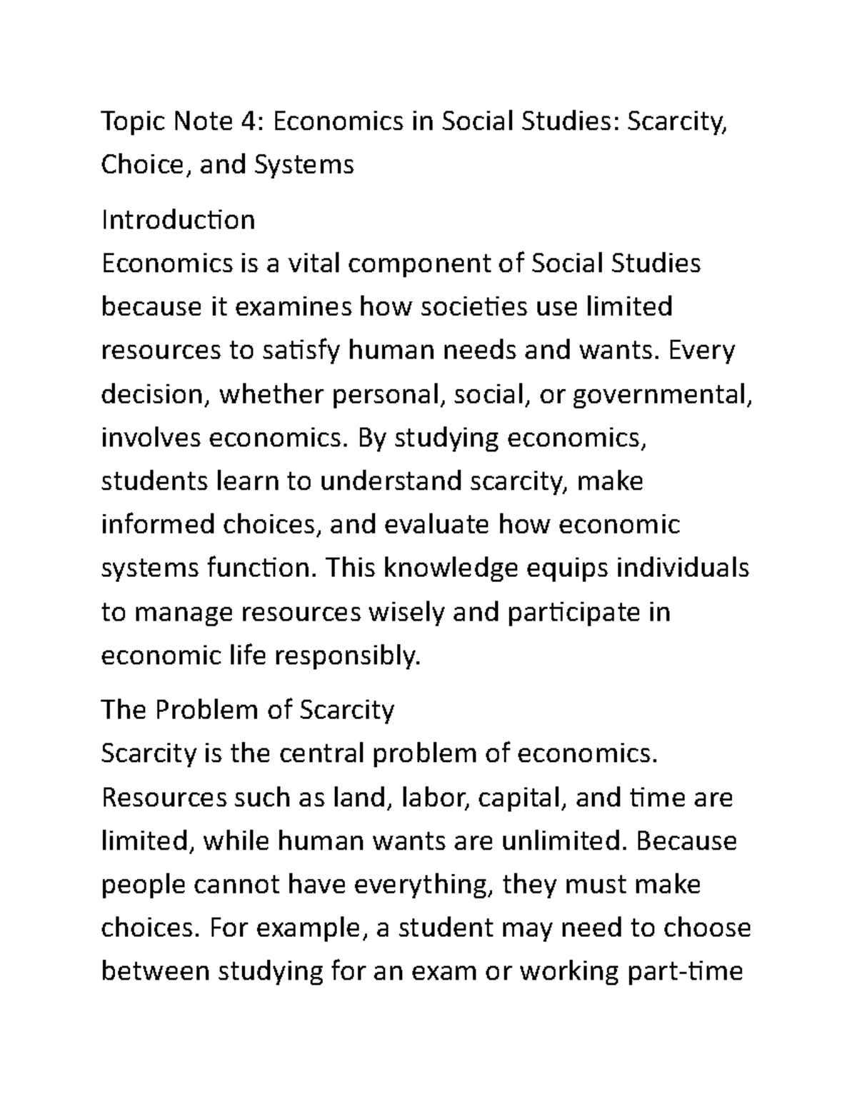ECO 101: Scarcity, Choice, and Economic Systems in Social Studies - Studocu