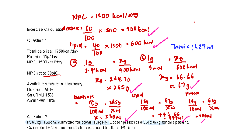NPC 1500kcal TPN Exercise Calculation and Requirements - Studocu