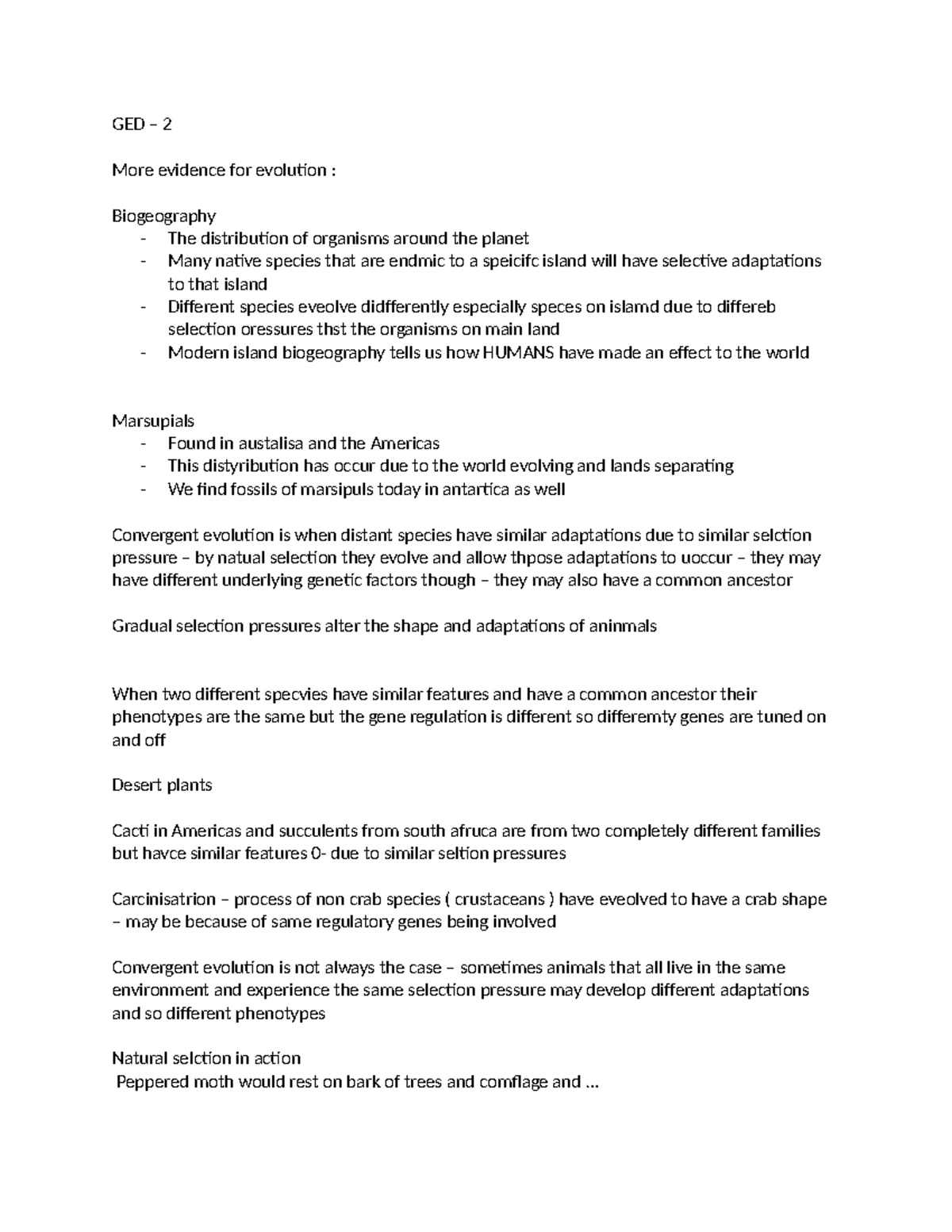 GED 2 Lecture Notes: Evidence for Evolution & Biogeography - Studocu