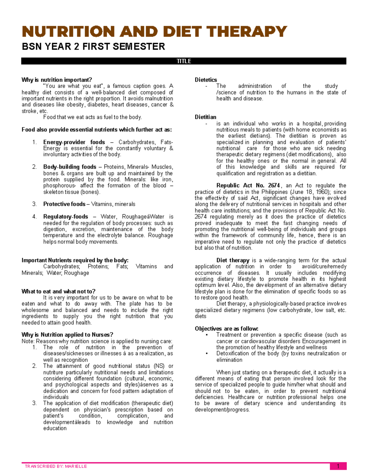 NDT rushed - Notes on Basic Nutrition and Diet Therapy - BSN YEAR 2 ...