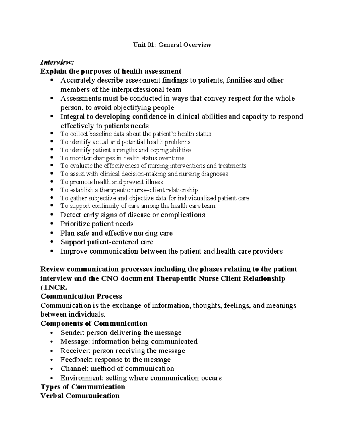 Unit 01: Health Assessment Overview and Communication Techniques - Studocu