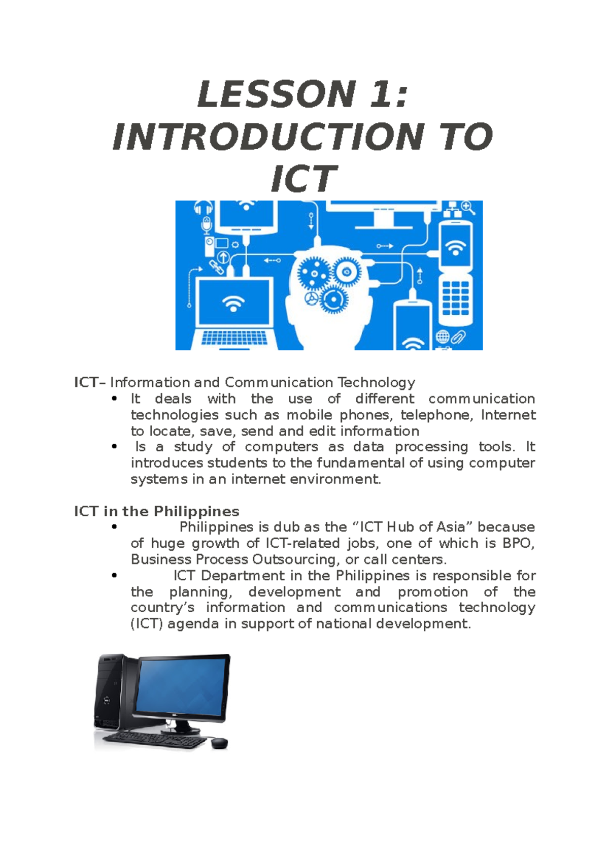 Lesson 1 - Introduction to ICT and Empowerment Technology - Studocu