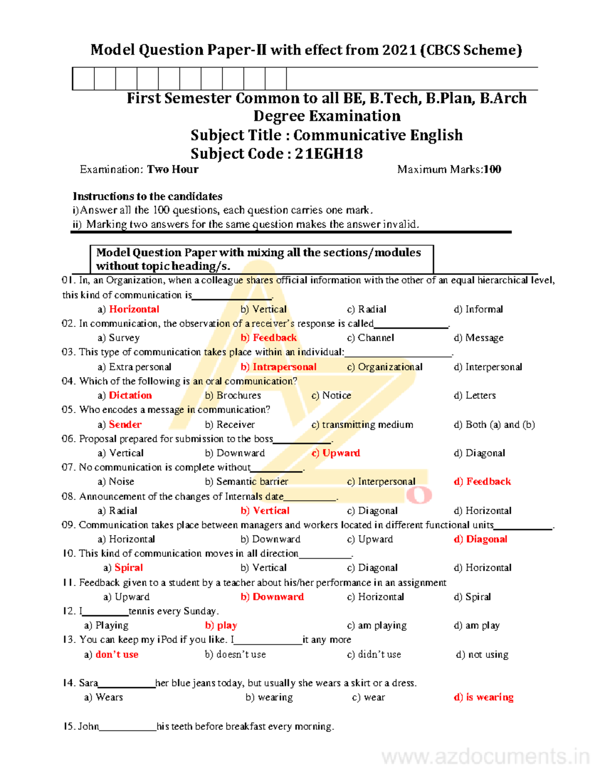 Model Question Paper-II for Communicative English (21EGH) - Studocu