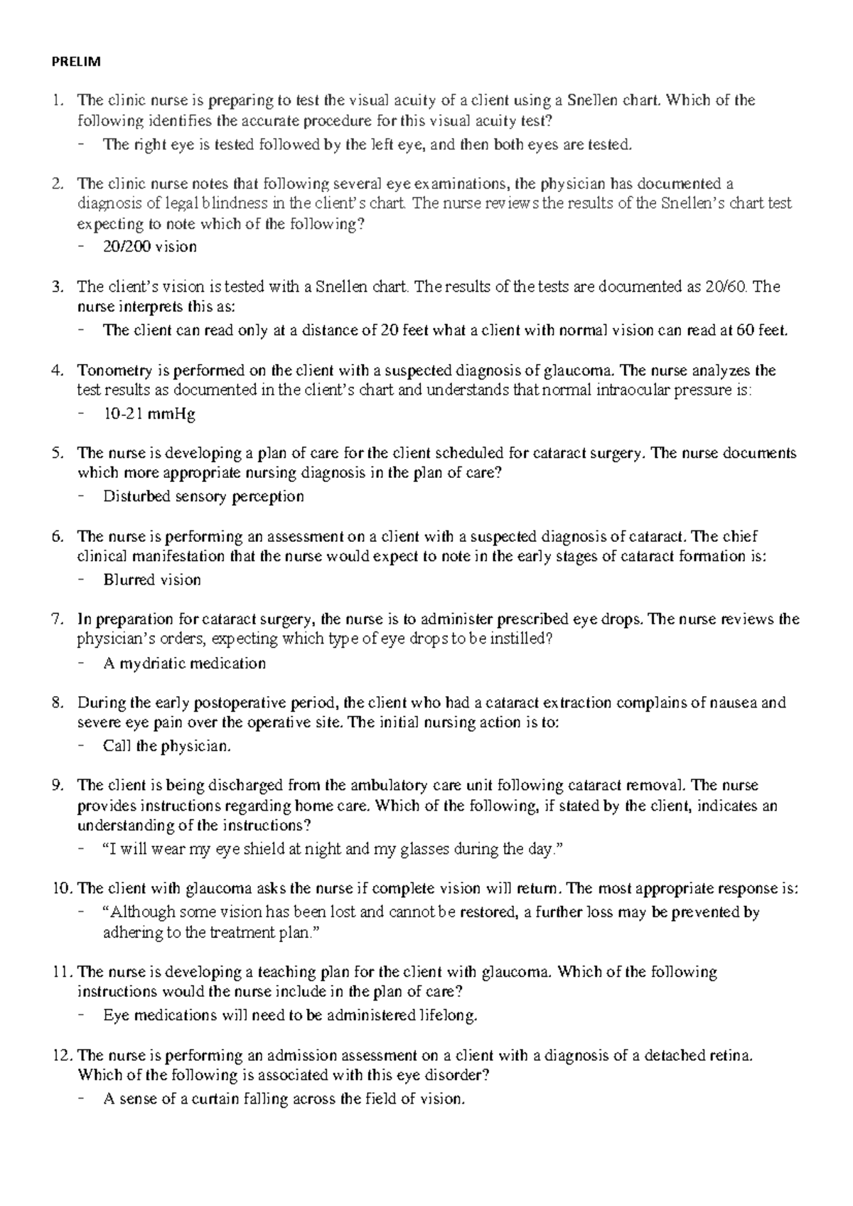 NCM116 - Medical Surgical Visual Acuity and Eye Care Prep Notes - Studocu