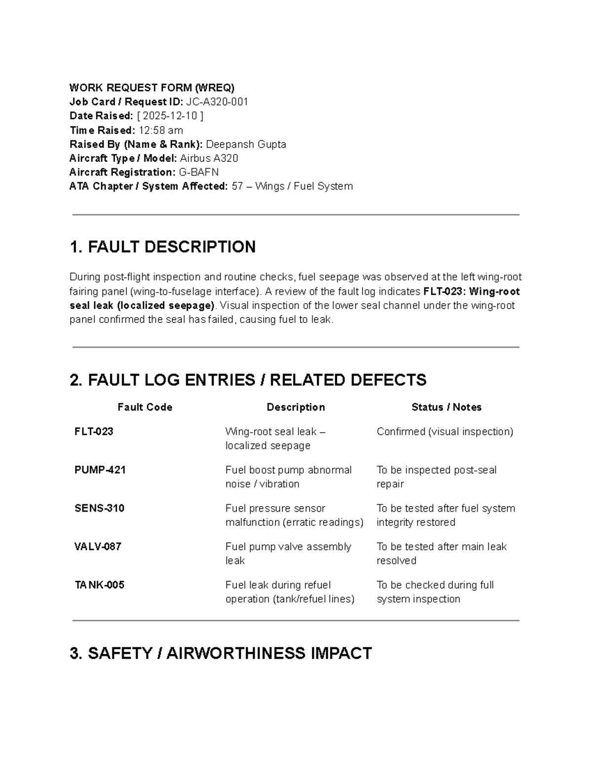 WREQ - Job Card for Airbus Fuel System Seal Leak Inspection - Studocu