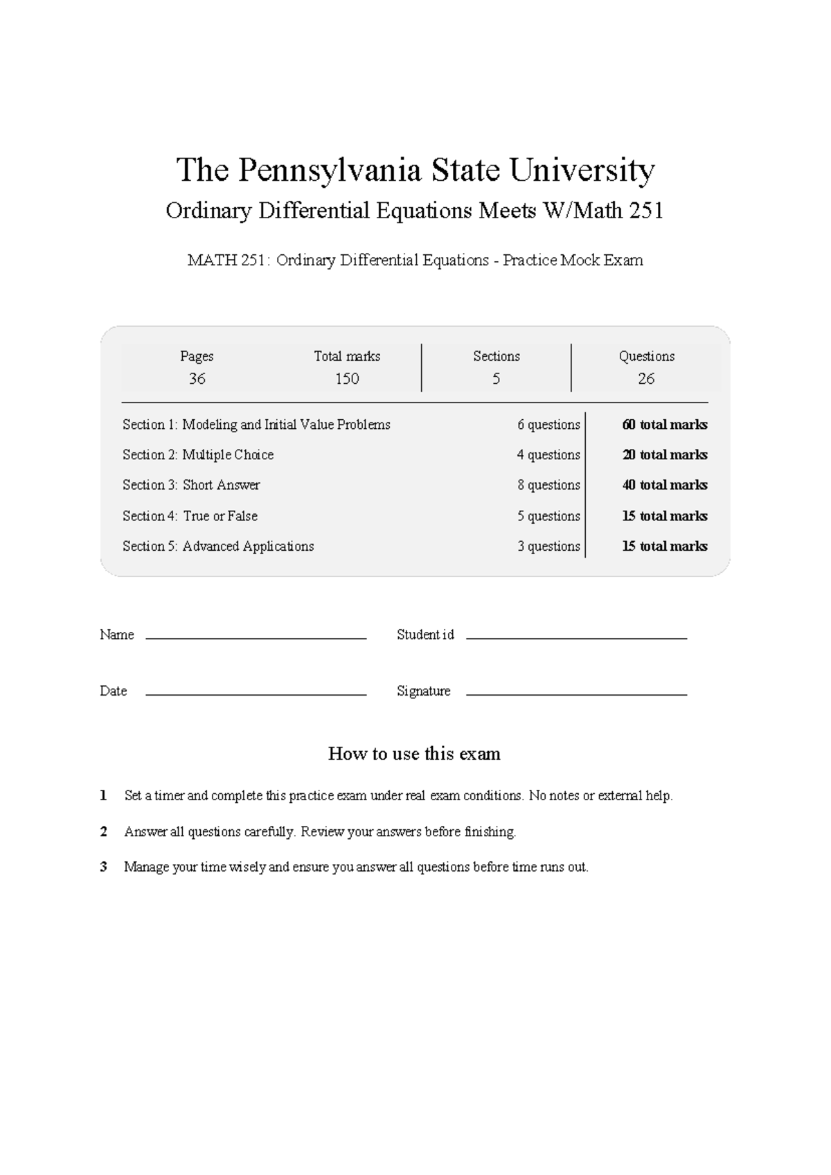 MATH 251: Ordinary Differential Equations Practice Mock Exam 2026 - Studocu