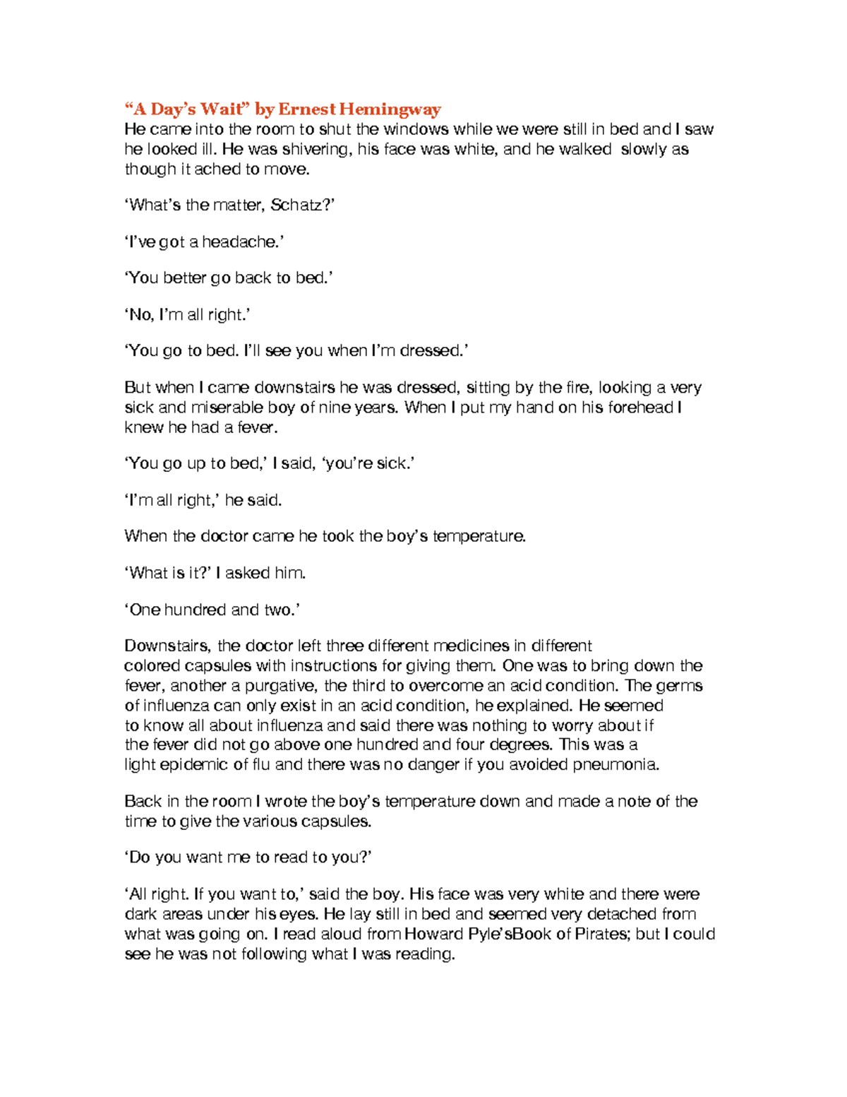 Grade 7 - A Day's Wait: An Analysis of Hemingway's Short Story - Studocu