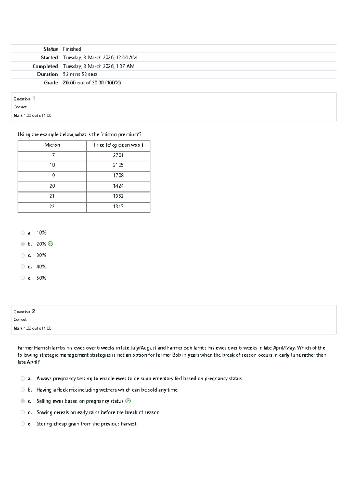 Industry Benchmarking & Management Calendar Quiz Answers (AGRI101 ...