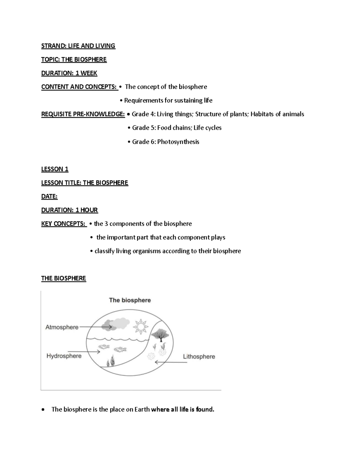 GR7 NS TERM 1 WEEK 1 - The Biosphere and Life Requirements - Studocu