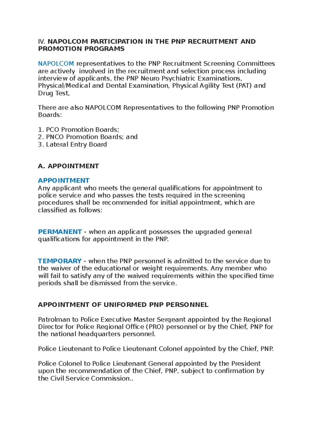 PNP Recruitment, Appointment, Training, Promotion, Retirement, AND ...