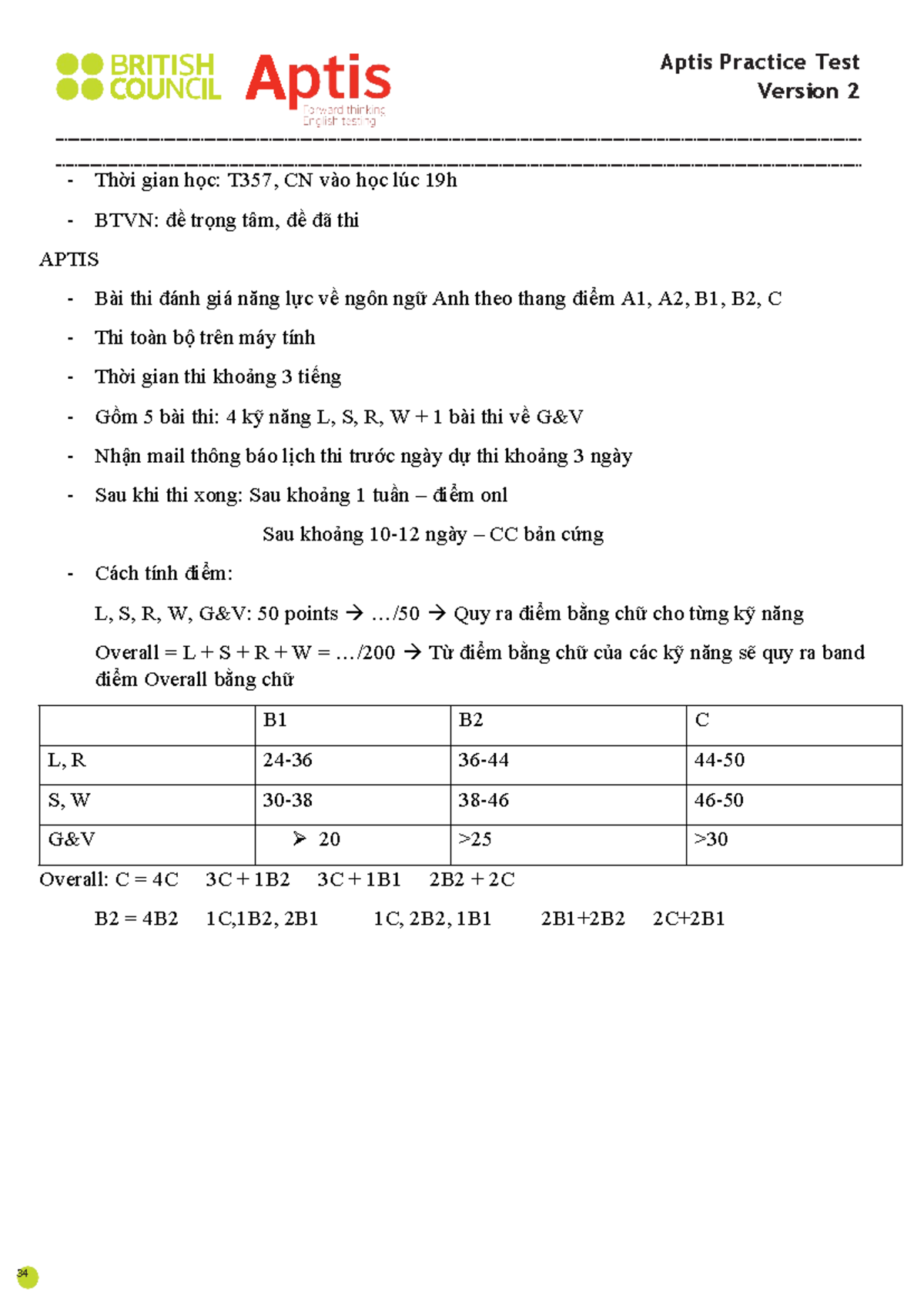 Aptis Practice Test: Grammar & Vocabulary Overview (Version 2) - Studocu