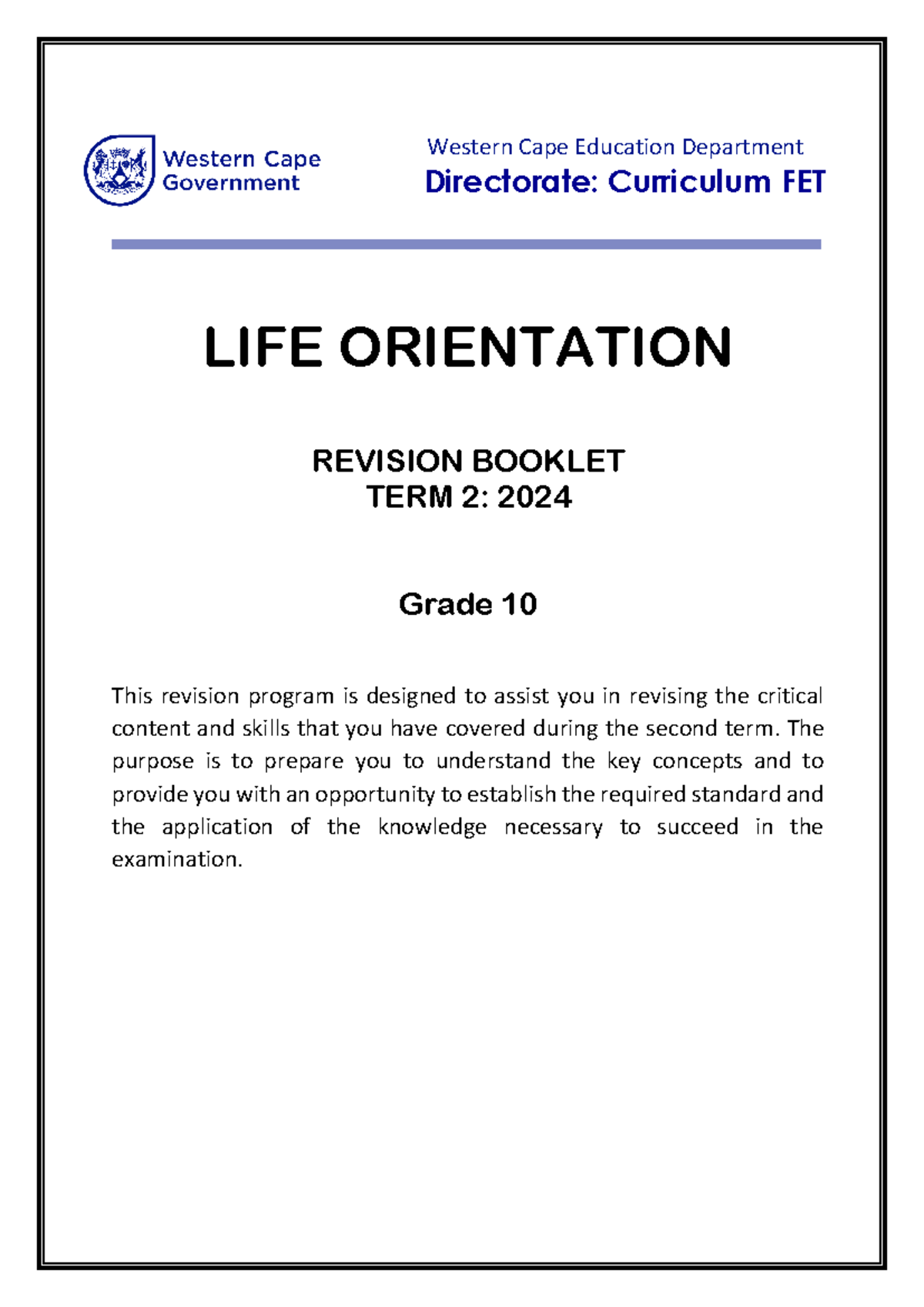 LO Grade 10 Life Orientation Revision Booklet Term 2 2024 - Studocu