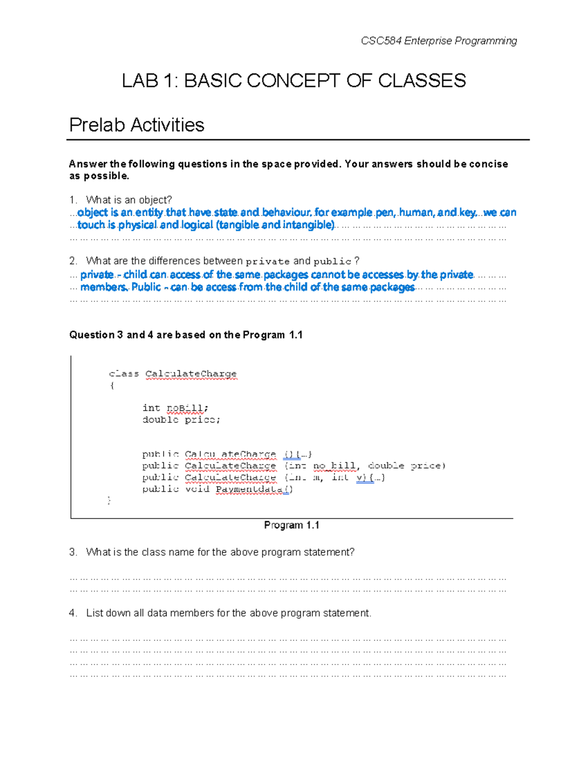 CSC584 Enterprise Programming LAB 1: Basic Concepts of Classes - Studocu