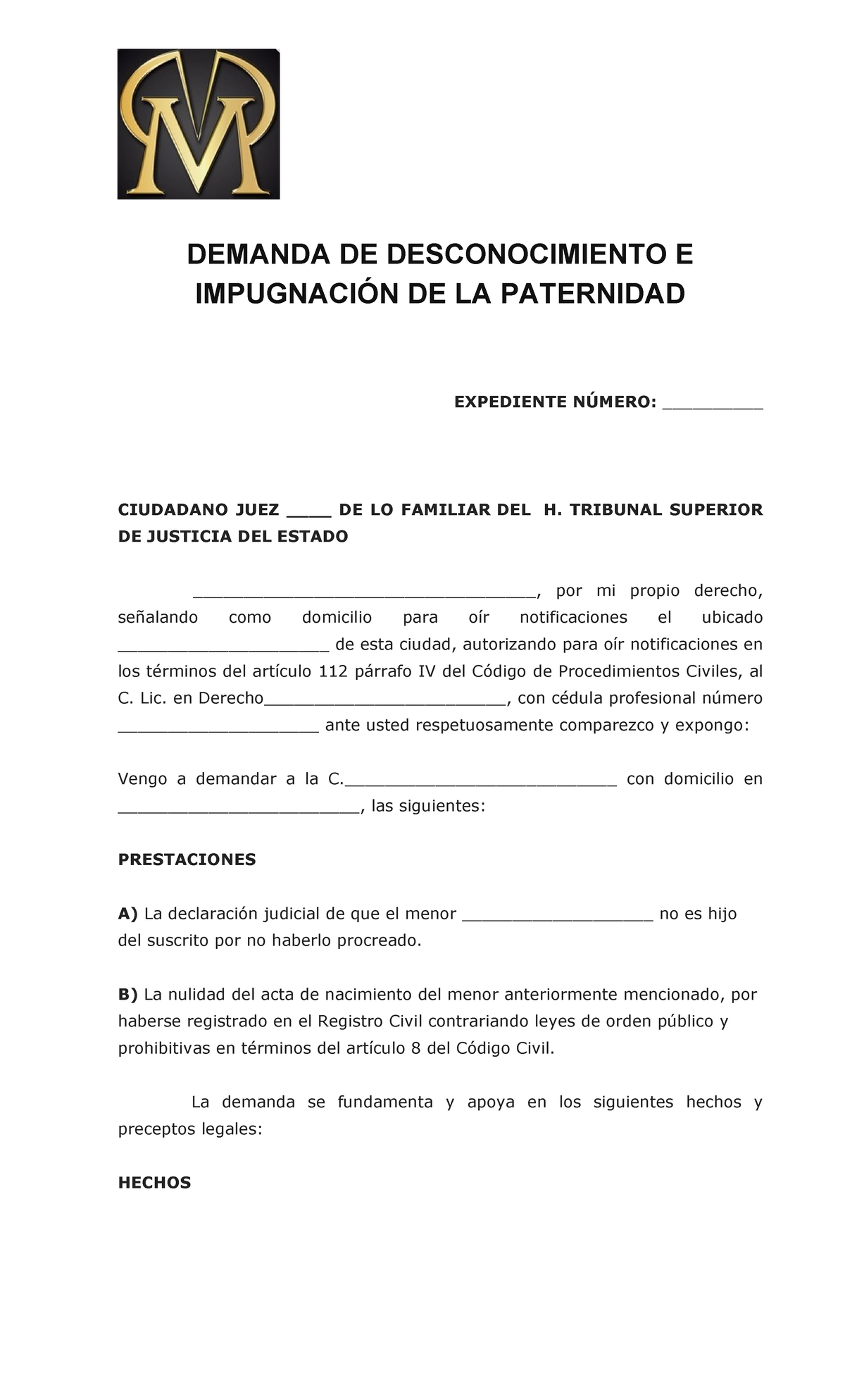 Demanda de Desconocimiento e Impugnación de Paternidad - Caso Legal ...