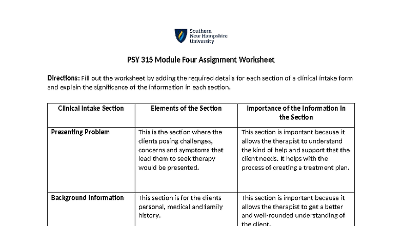 PSY 315 Clinical Intake Form Assignment Worksheet Guide - Studocu