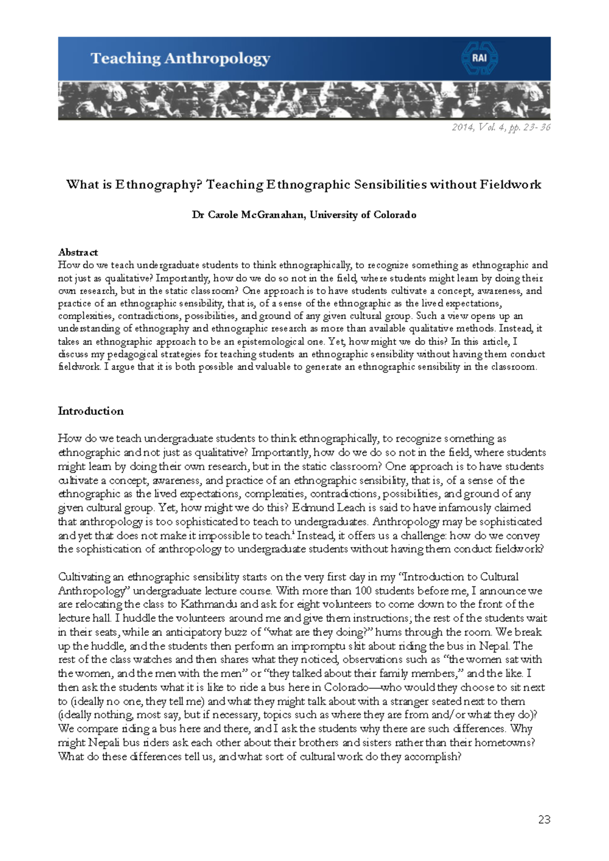Teaching Ethnographic Sensibilities in the Classroom: Insights from ...