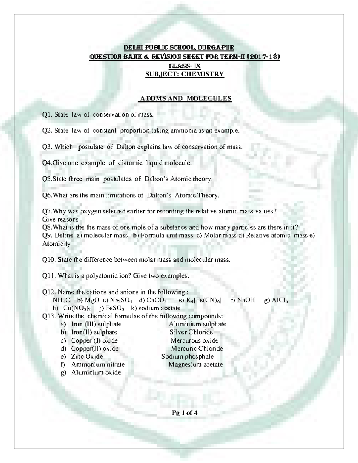 Class IX Chemistry Final Exam Question Bank: Atoms & Molecules - Studocu