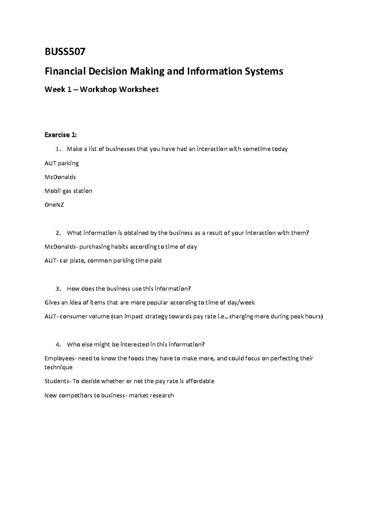 BUSS507 Week 1 Workshop: Financial Decision Making Exercise - Studocu