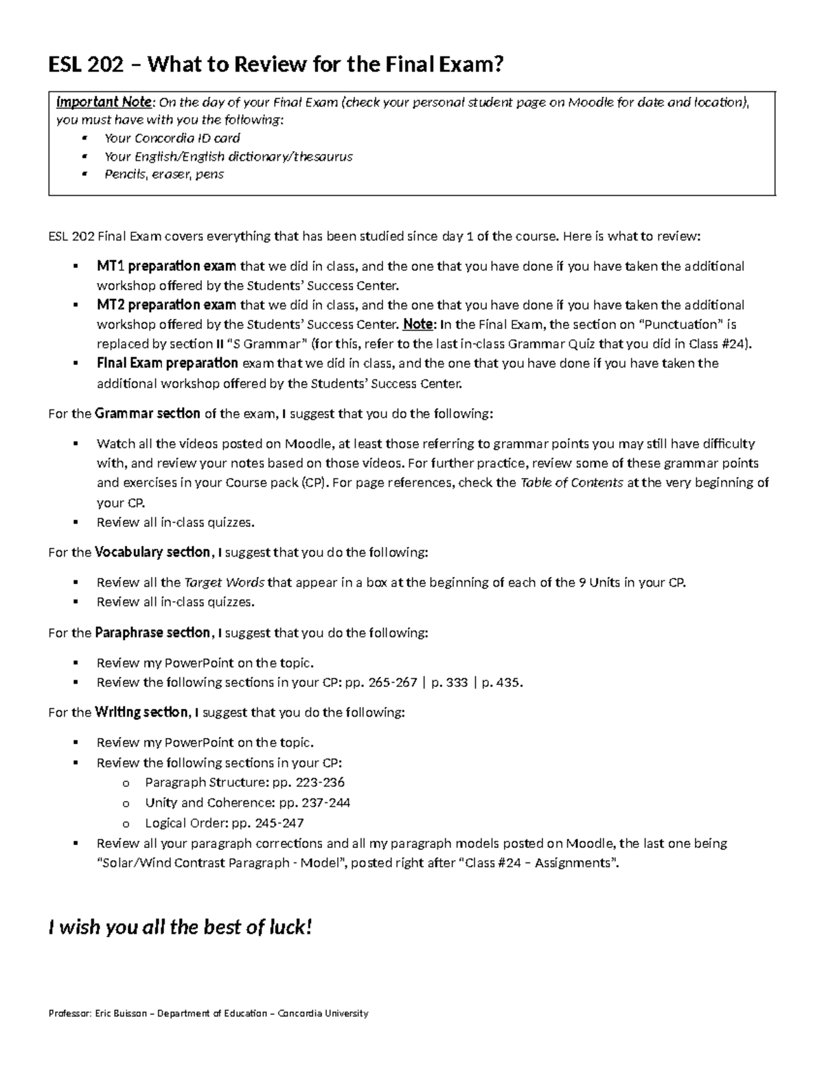 202 Final Exam Revision - ESL 202 – What to Review for the Final Exam ...