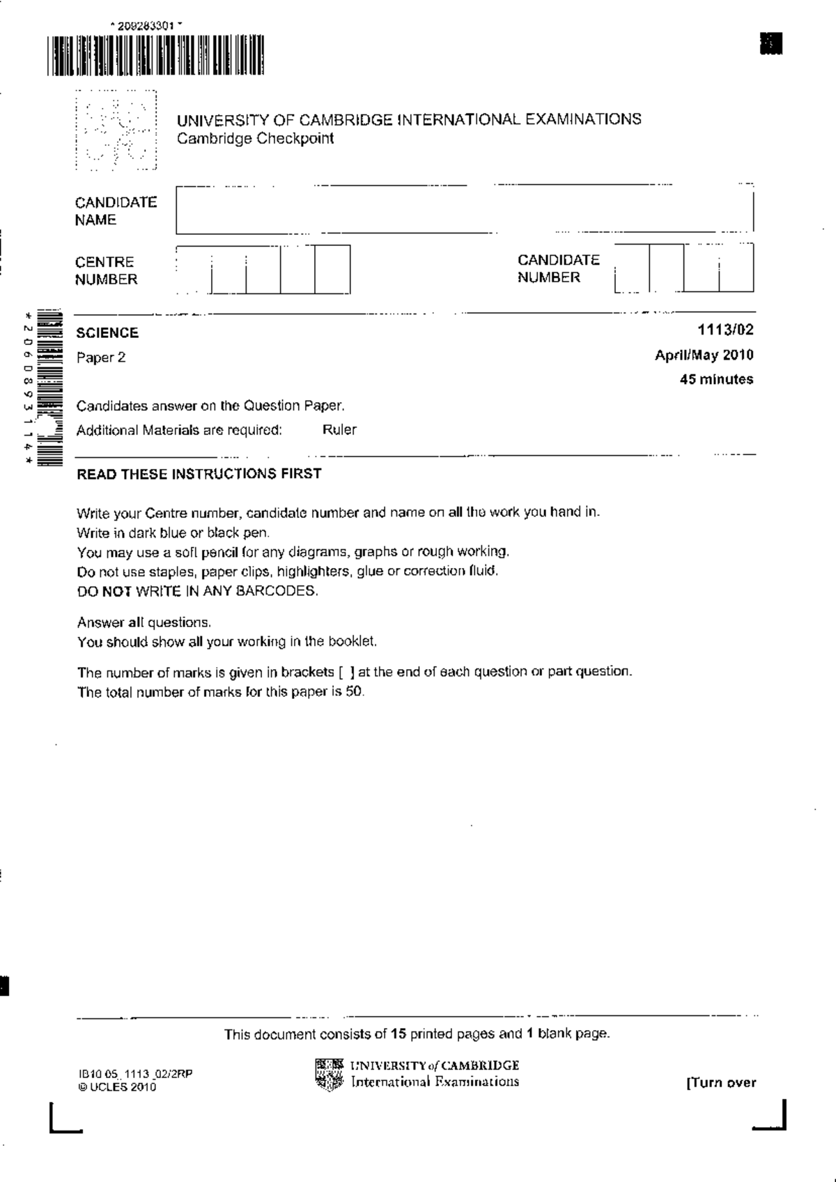 Secondary Checkpoint Science (1113) April 2010 Paper 2 Exam - Studocu