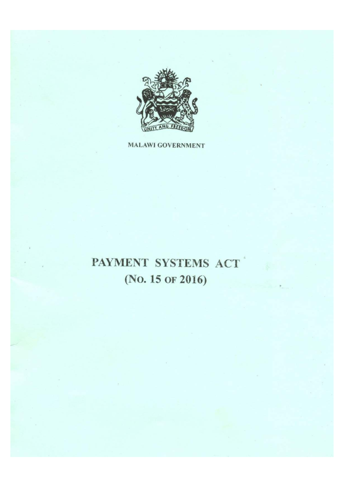 Payment Systems Act 2016 (No. 15) - Malawi Government Regulations - Studocu