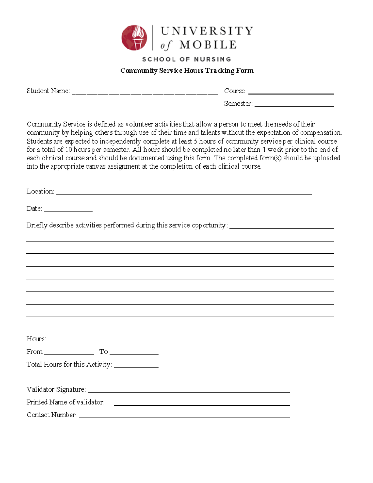 Community Service Hours Tracking Form for Clinical Courses - Studocu