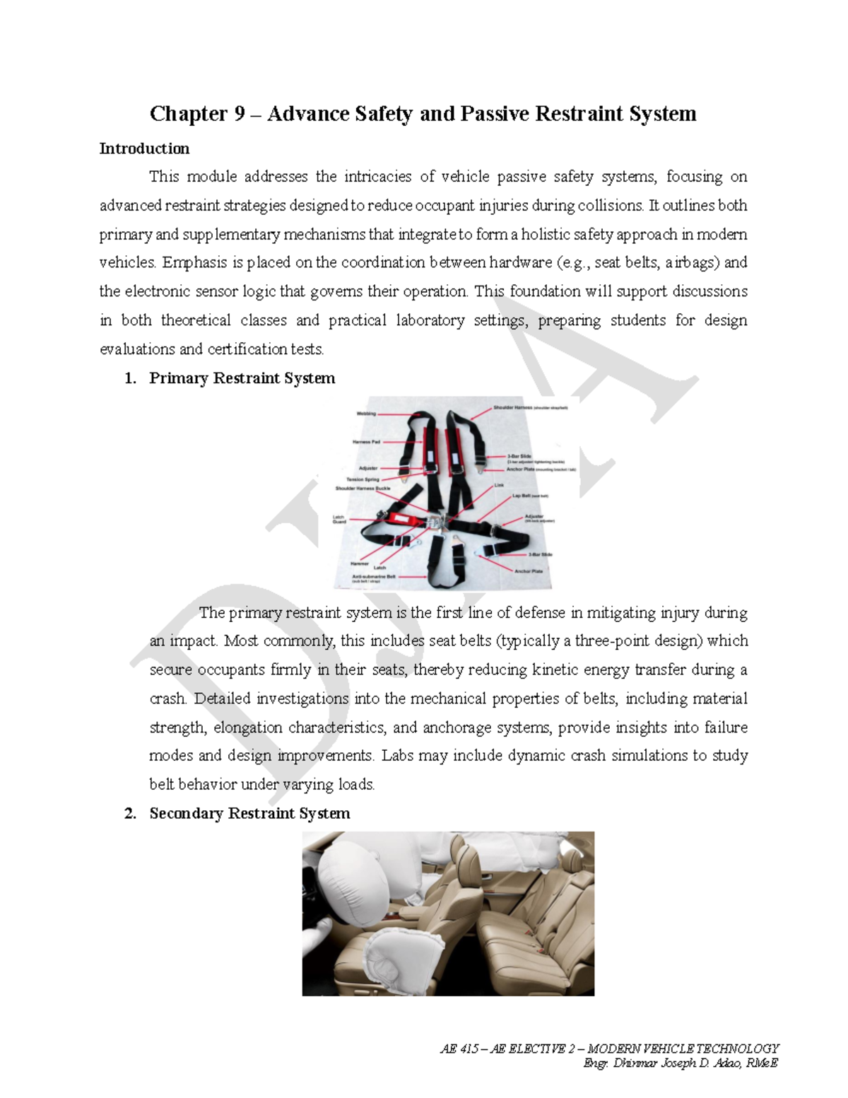 Chapter 9 - Advanced Safety & Passive Restraint Systems (AE 415) - Studocu