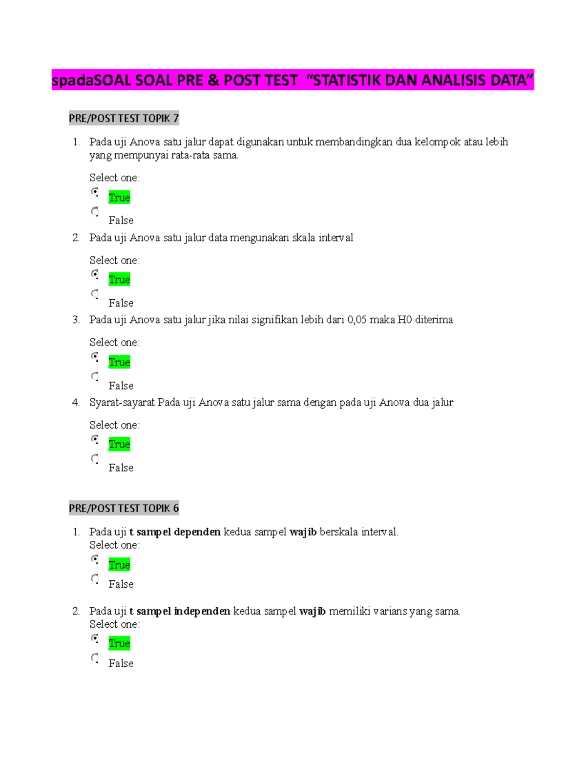 PRE&POST TEST - Statistika dan Analisis Data (SAD) untuk Mahasiswa ...