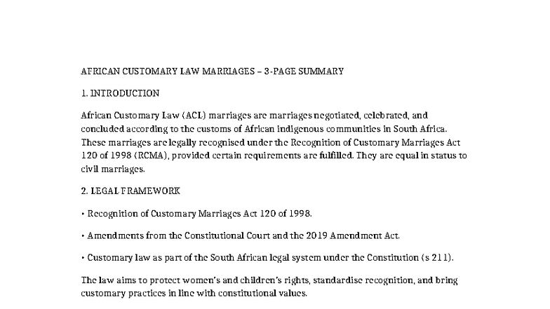 ACL 120/1998: Summary of African Customary Law Marriages - Studocu