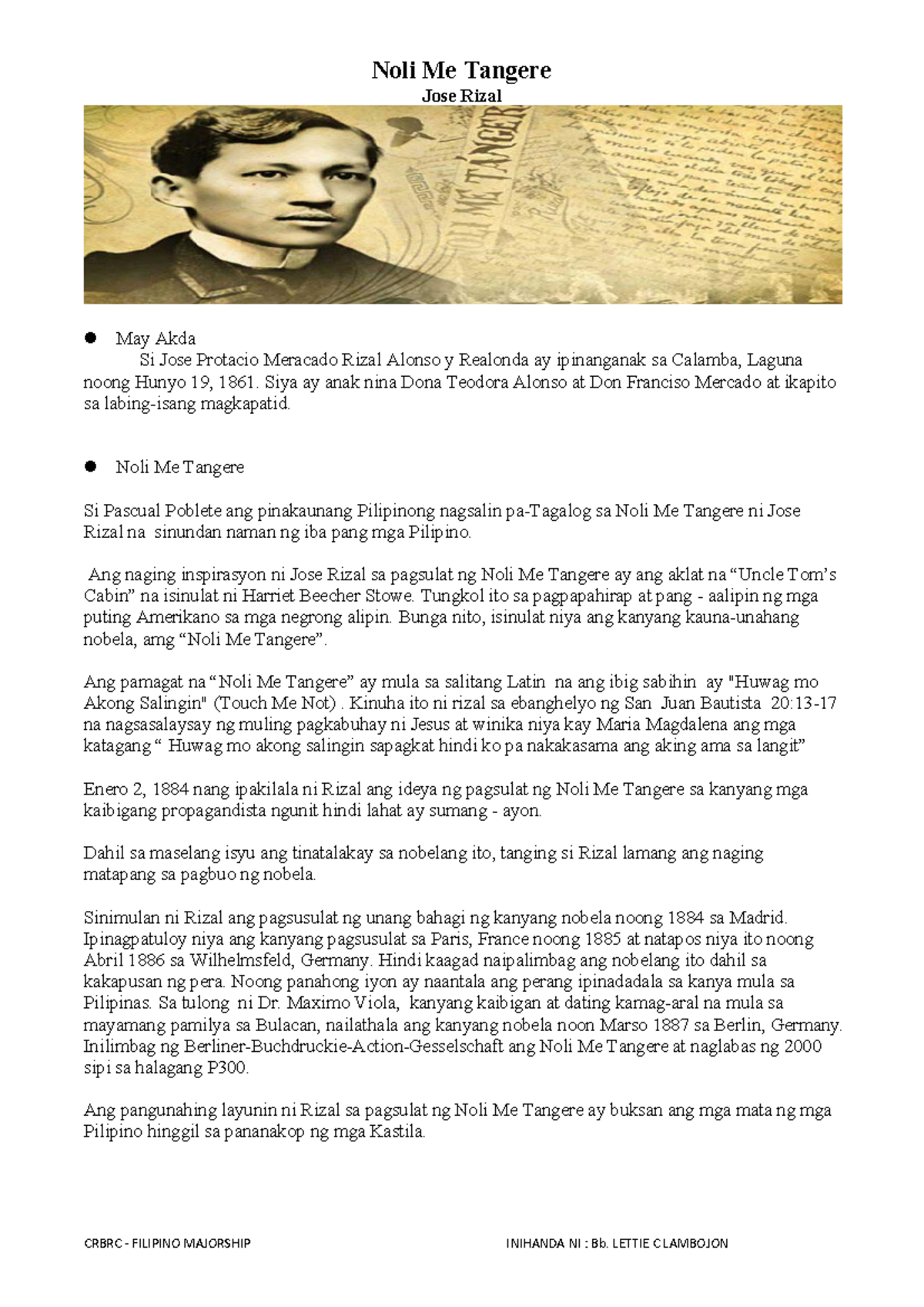 Noli Me Tangere: Isang Pagsusuri sa Nobelang ni Rizal - Studocu