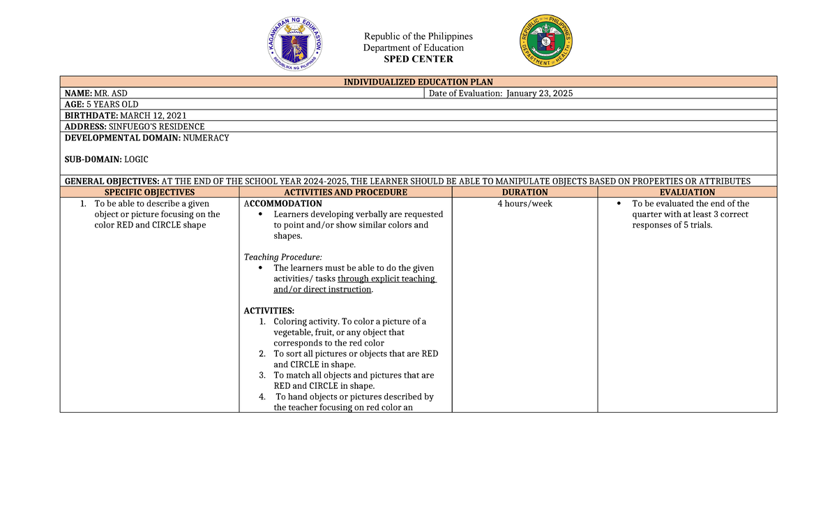 Iep - sample - Republic of the Philippines Department of Education SPED ...