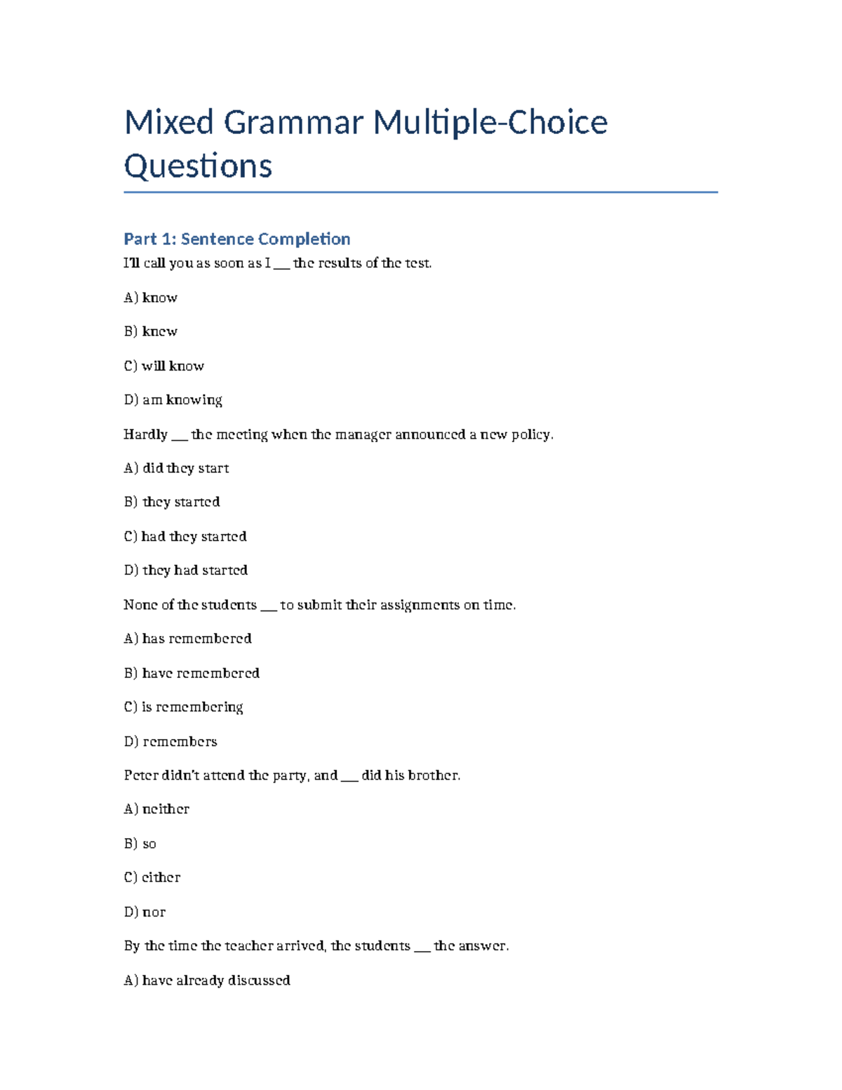 Grammar Test Updated Questions - Mixed Grammar Multiple-Choice ...
