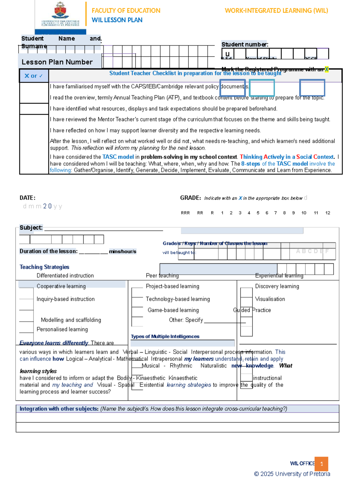 WIL 2025 Student Teacher Lesson Plan Template for PGCE - Studocu