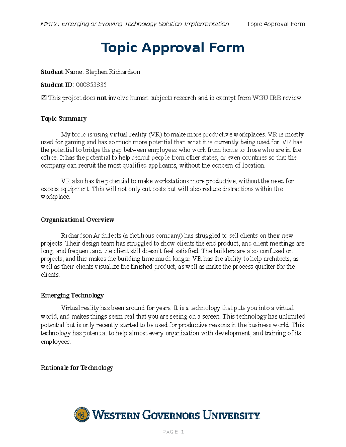 MMT2 Topic Approval Form: VR for Enhanced Workplace Productivity - Studocu