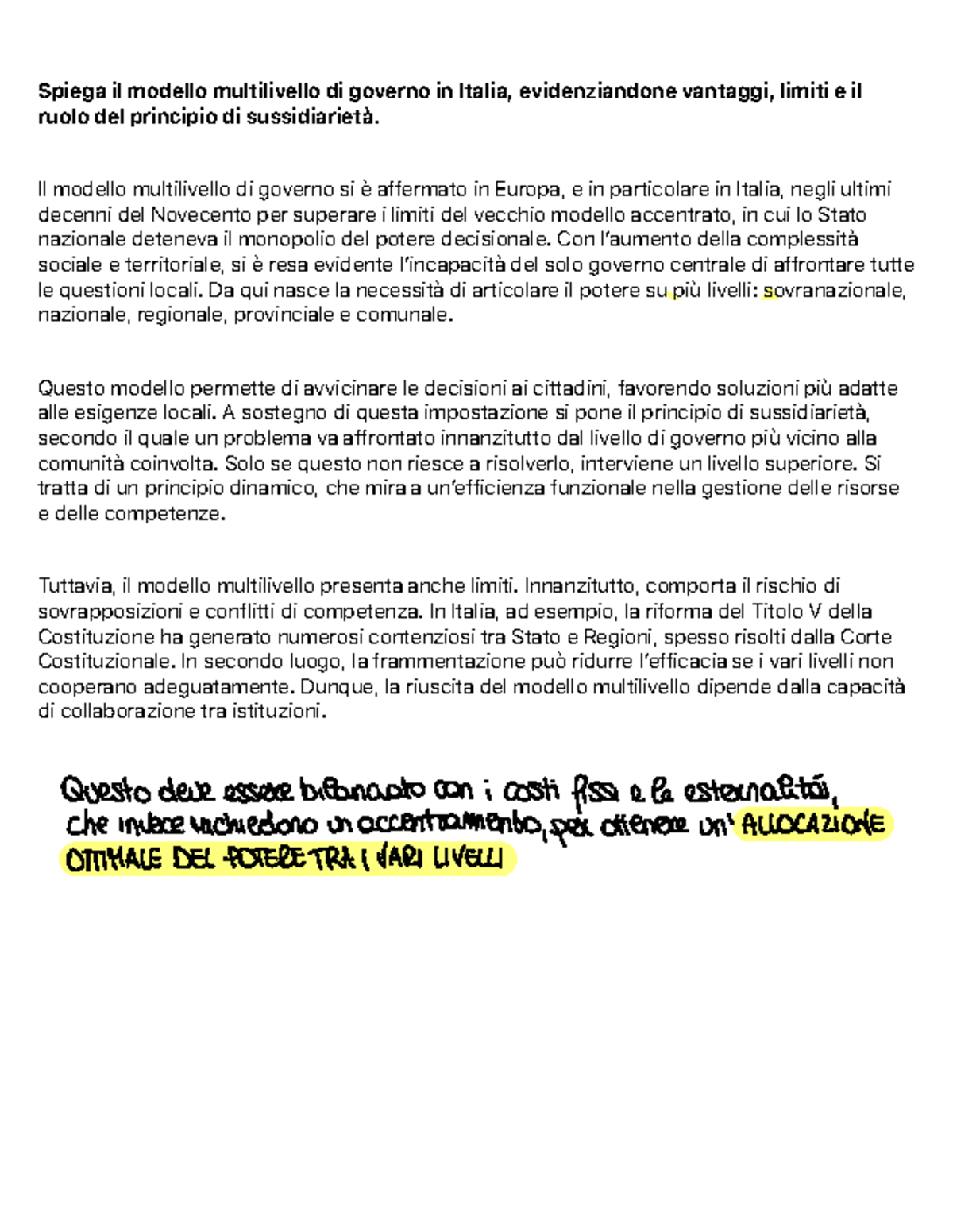 Domande di Economia - Modello Multilivello di Governo in Italia e ...