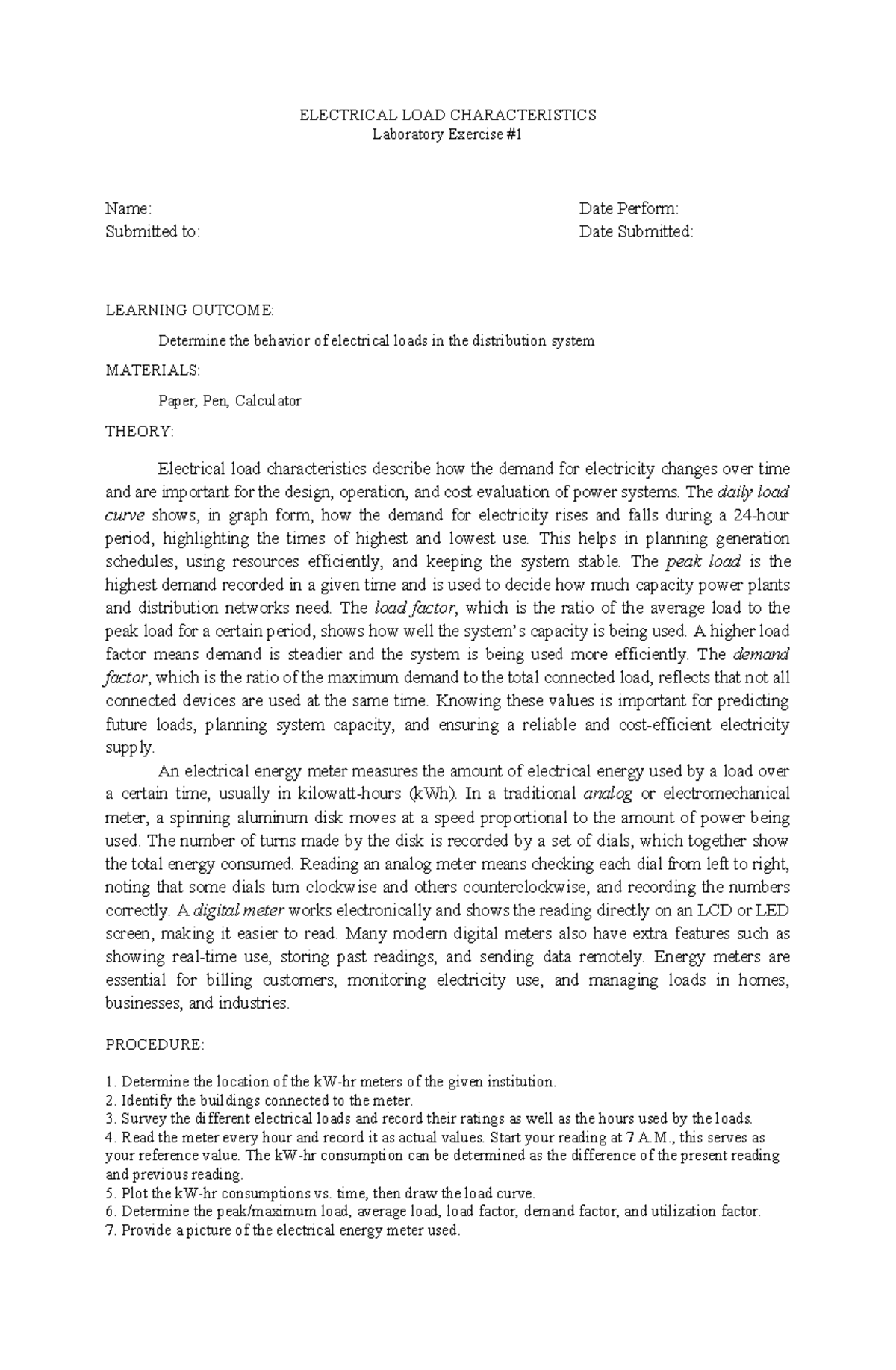 ET32L2 Electrical Load Characteristics Lab Exercise Report - Studocu