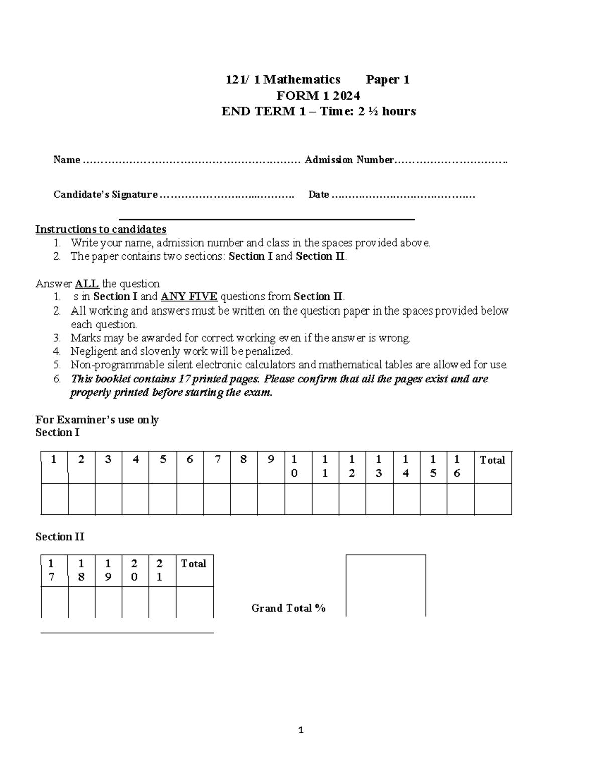 Form 1 Mathematics 121/1 End Term 1 Question Paper 2024 - Studocu