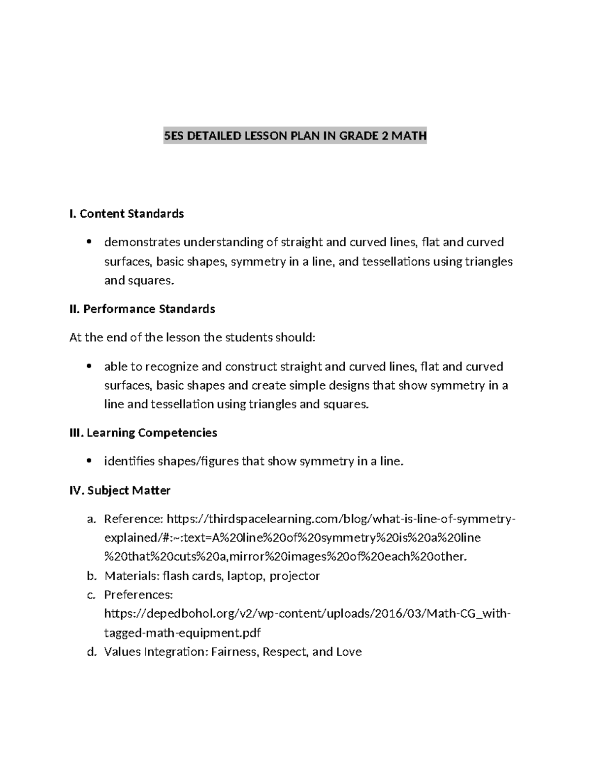 5E's Lesson Plan for Grade 2 MATH: Understanding Symmetry and Shapes ...