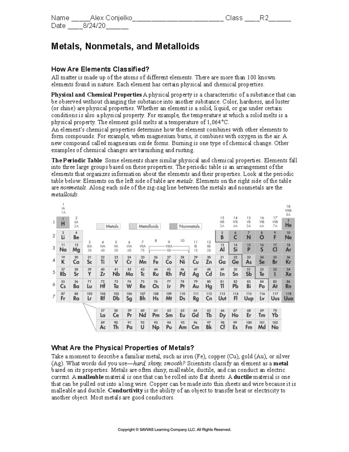 Chem pdf 8:24 that shows how the - Name Class Date Metals, Nonmetals ...