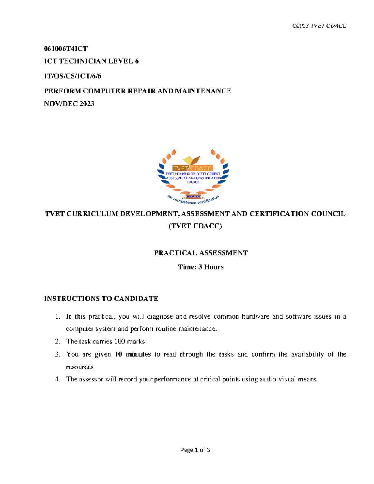 TVET CDACC 061006T4ICT ICT Technician Level 6 Computer Repair Practical ...