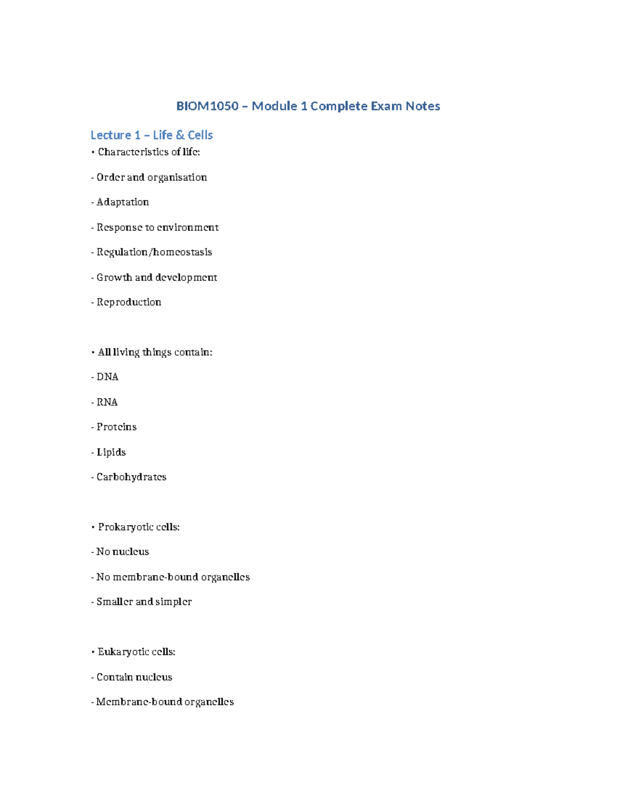 BIOM1050 Module 1 Exam Notes: Life Cells & Key Concepts - Studocu