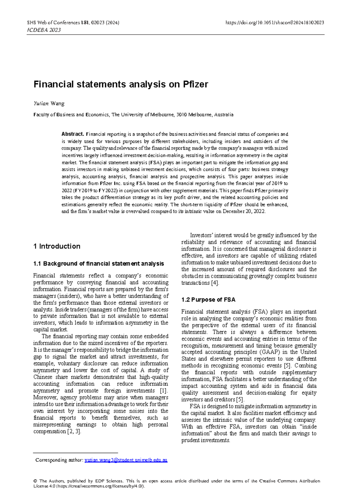 Financial Statement Analysis of Pfizer Inc. (ICDEBA 2023) - Studocu