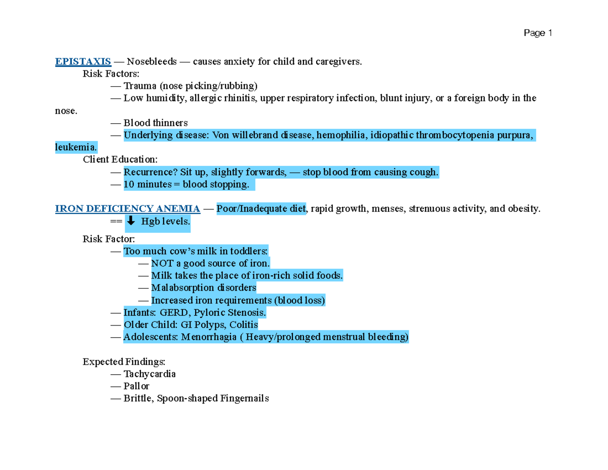 Peds Exam 4: Understanding Epistaxis, Anemia, and Hematological ...