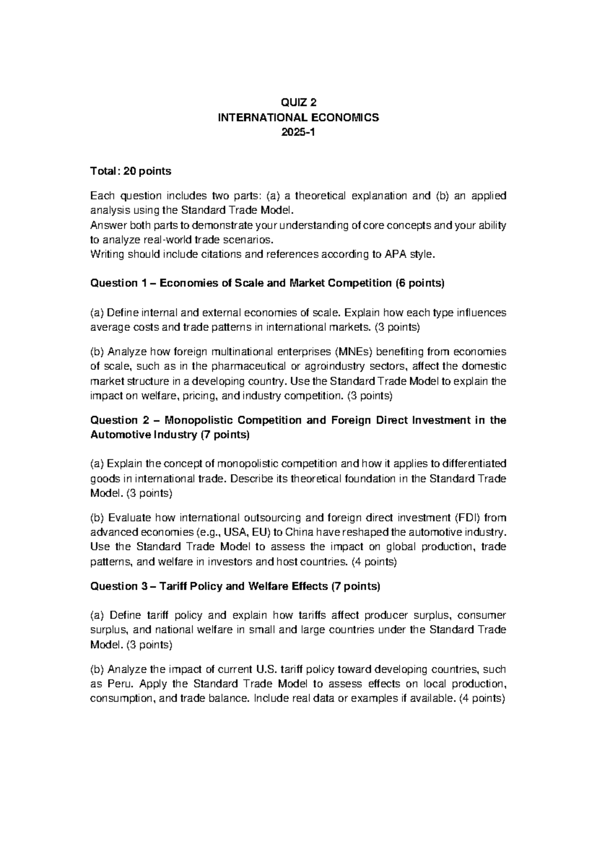 QUIZ 2: International Economics - Key Concepts & Analysis - Studocu