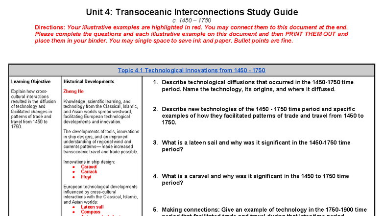 AP World History Unit 4 Study Guide: Transoceanic Interconnections ...